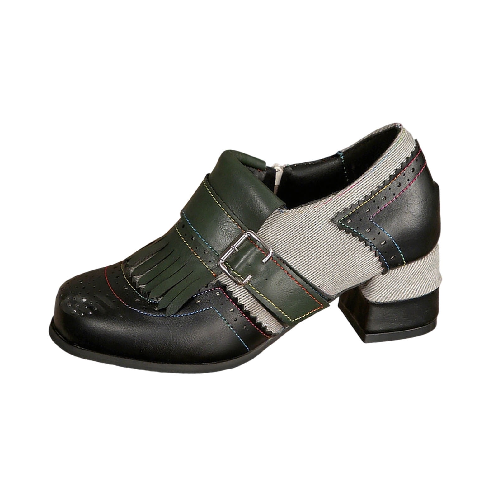 Black Side Zipper British Style Pumps For Women Round Toe Spliced ...