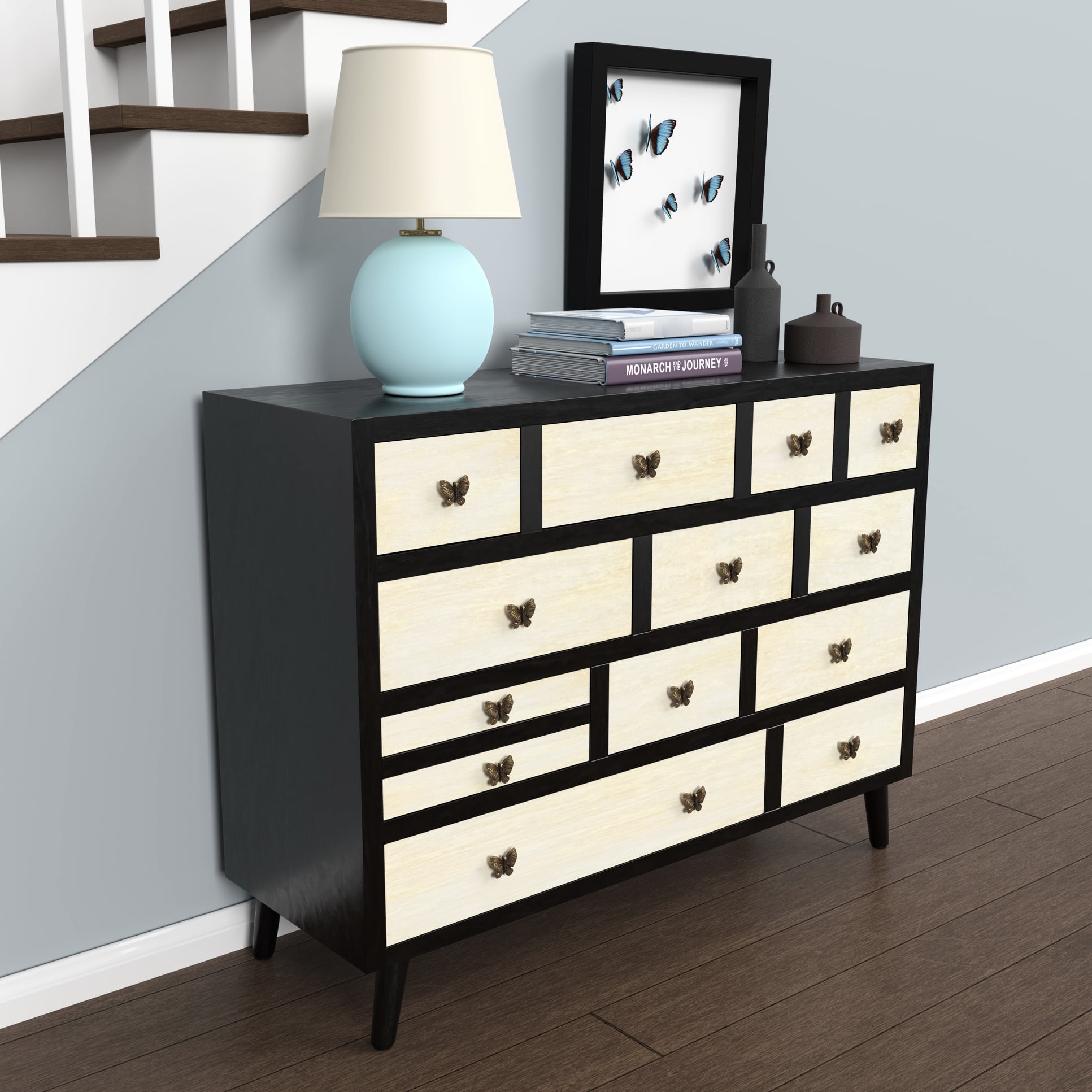 Black Sideboard With 13 Drawers - Solid Mango Wood, Ebony And Washed ...
