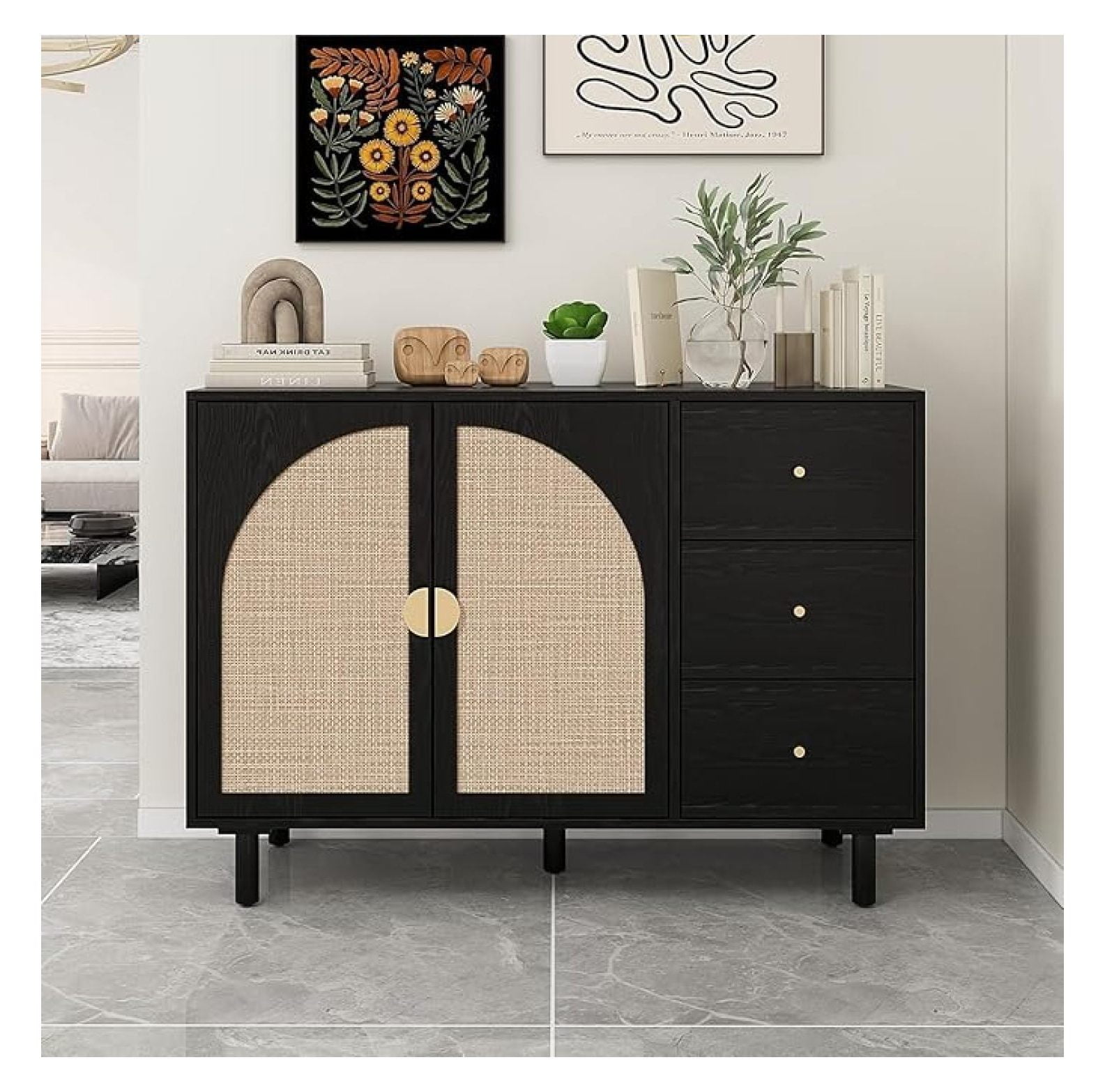 Black Sideboard and Buffet cabinets with Storage - Rattan 2 Door 3 ...