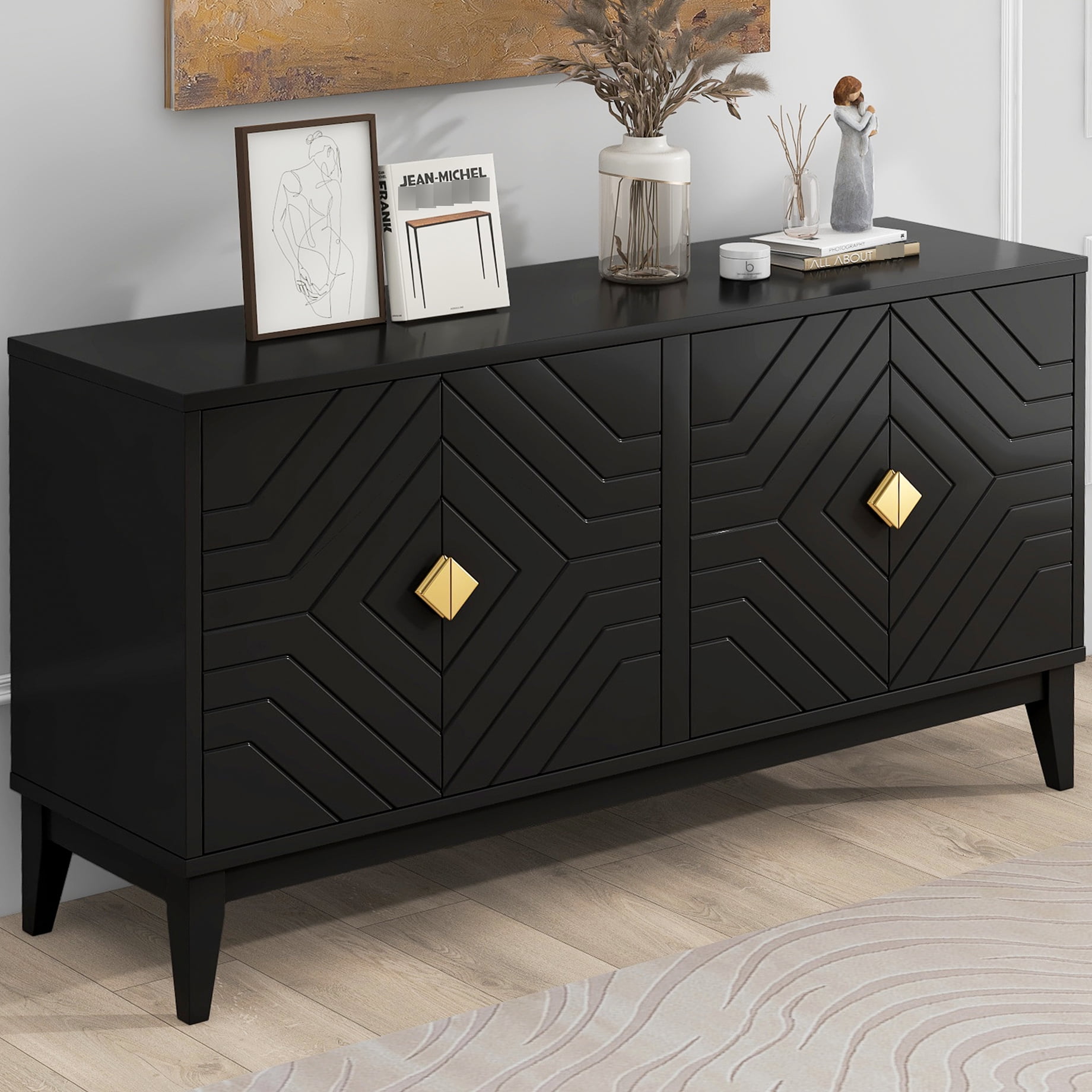 Black Sideboard Cabinet With 4 Doors. Solid Wood & Build. Adjustable Shelves. Charming Gold ...