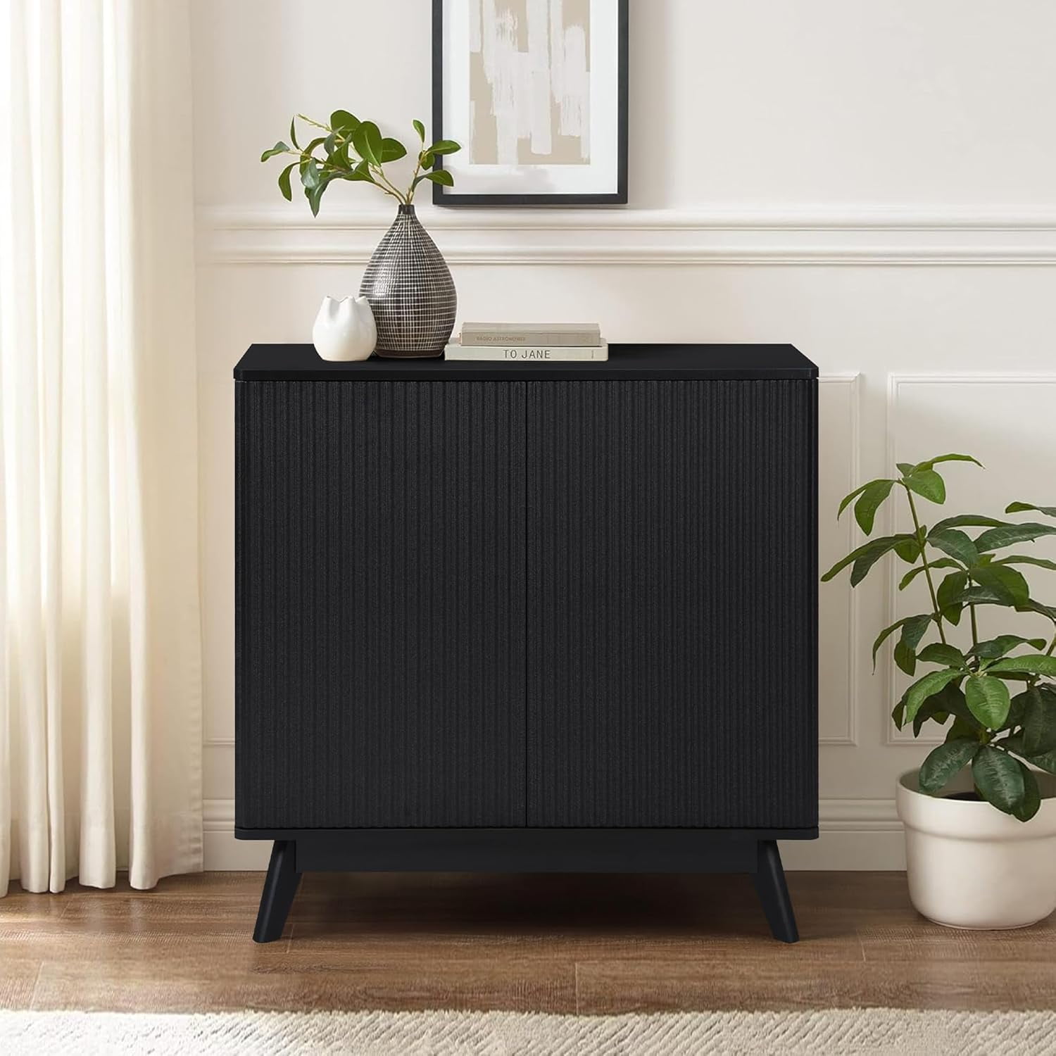 Black Sideboard Cabinet, Mid Century Modern Fluted Credenza Sideboard Buffet Cabinet with ...