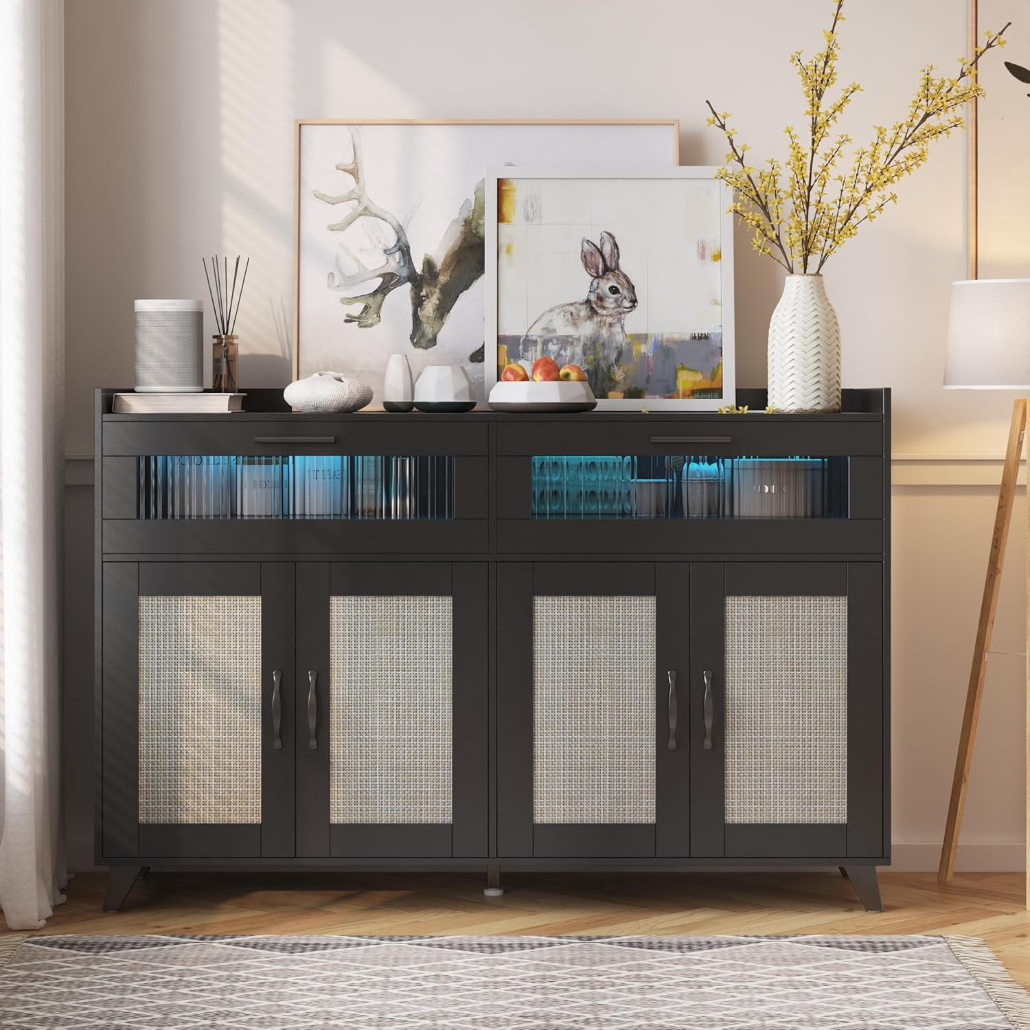Black Sideboard with Power Outlet & LED Light - Smart Storage with ...
