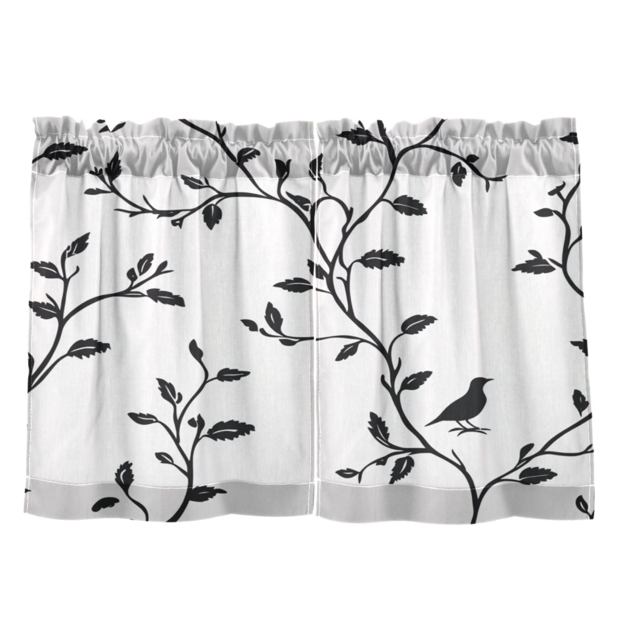 Black Silhouette Pattern 27"x24" Linen Look Cafe Curtain Set with ...