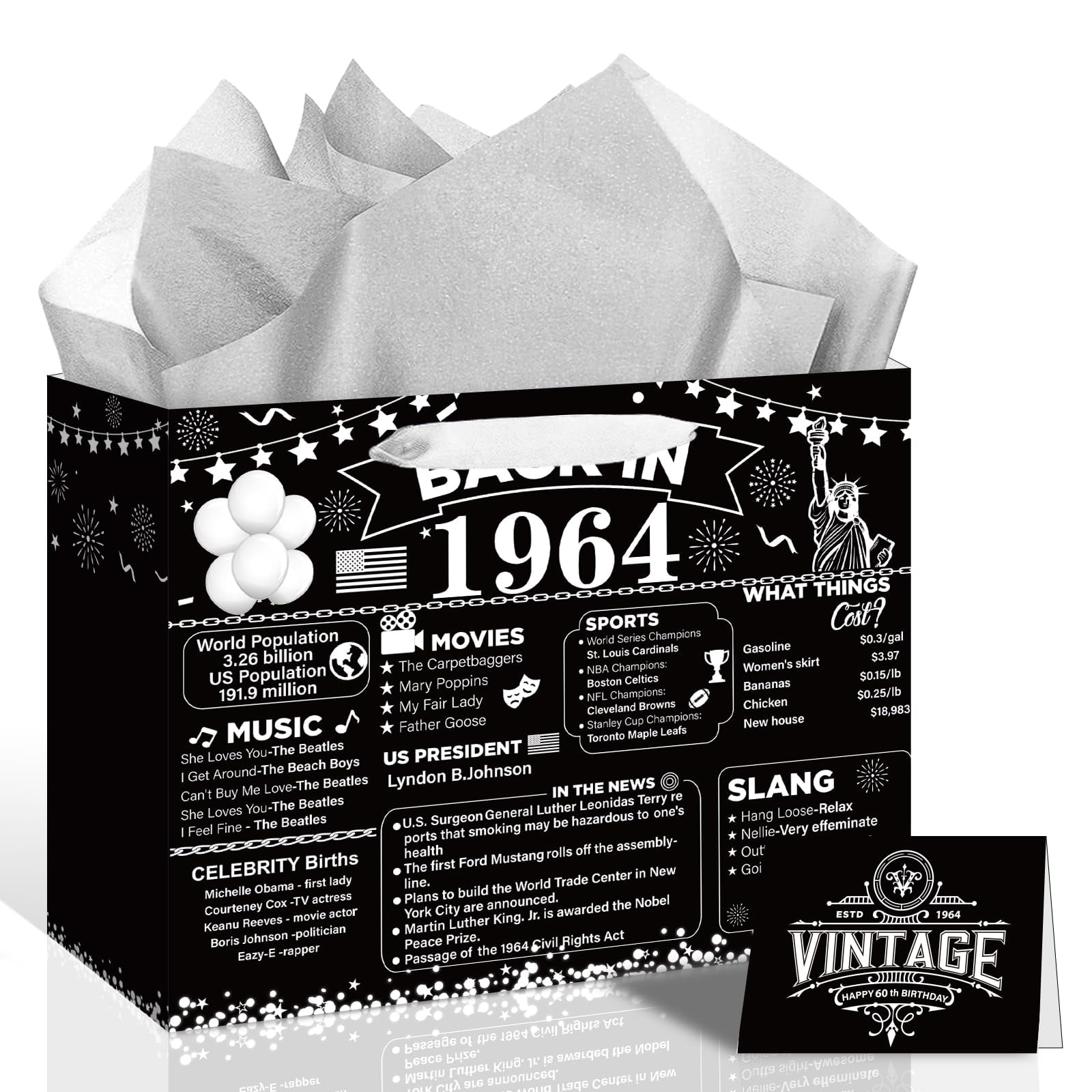 Black Silver 60th Birthday YPF5 Gift Bags for Women Vintage 1964 Gift ...