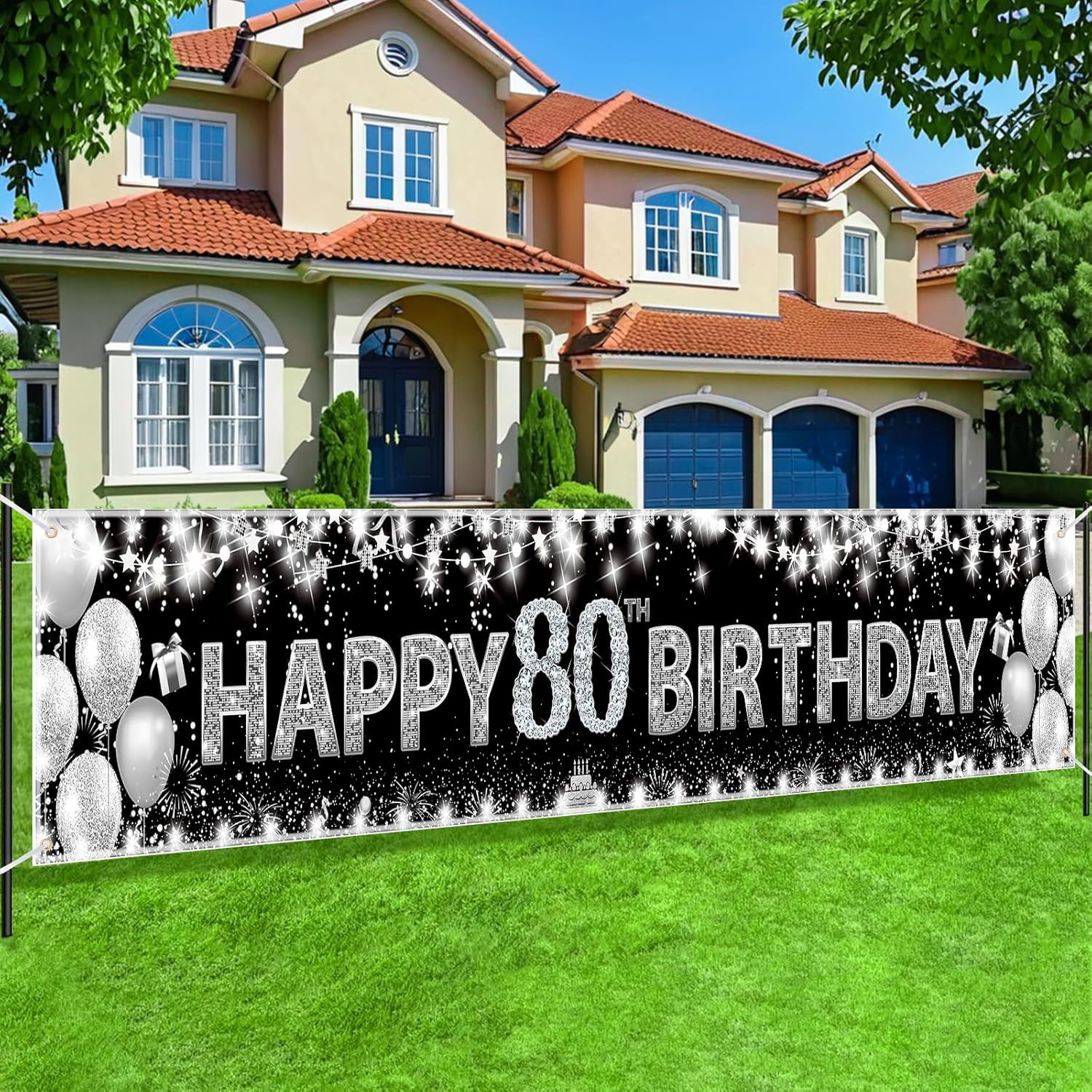 Black Silver 80th Birthday Decorations,16 X 71 inch Happy 80th Birthday ...