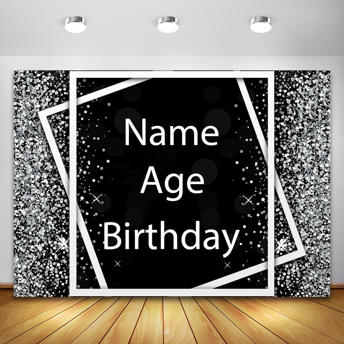 Black Silver Birthday Party Backdrop Custom Name Age Cummunion ...