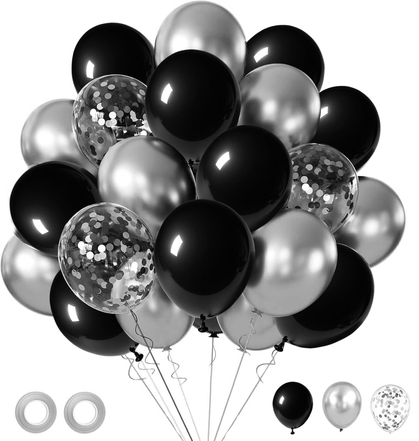 Black Silver Confetti Balloons, 50pcs 12-inch, Unisex Adults, Party ...