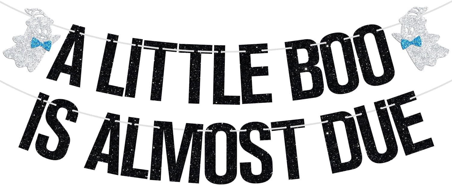Black & Silver Glitter A Little Boo Is Almost Due Banner with Blue Bow ...