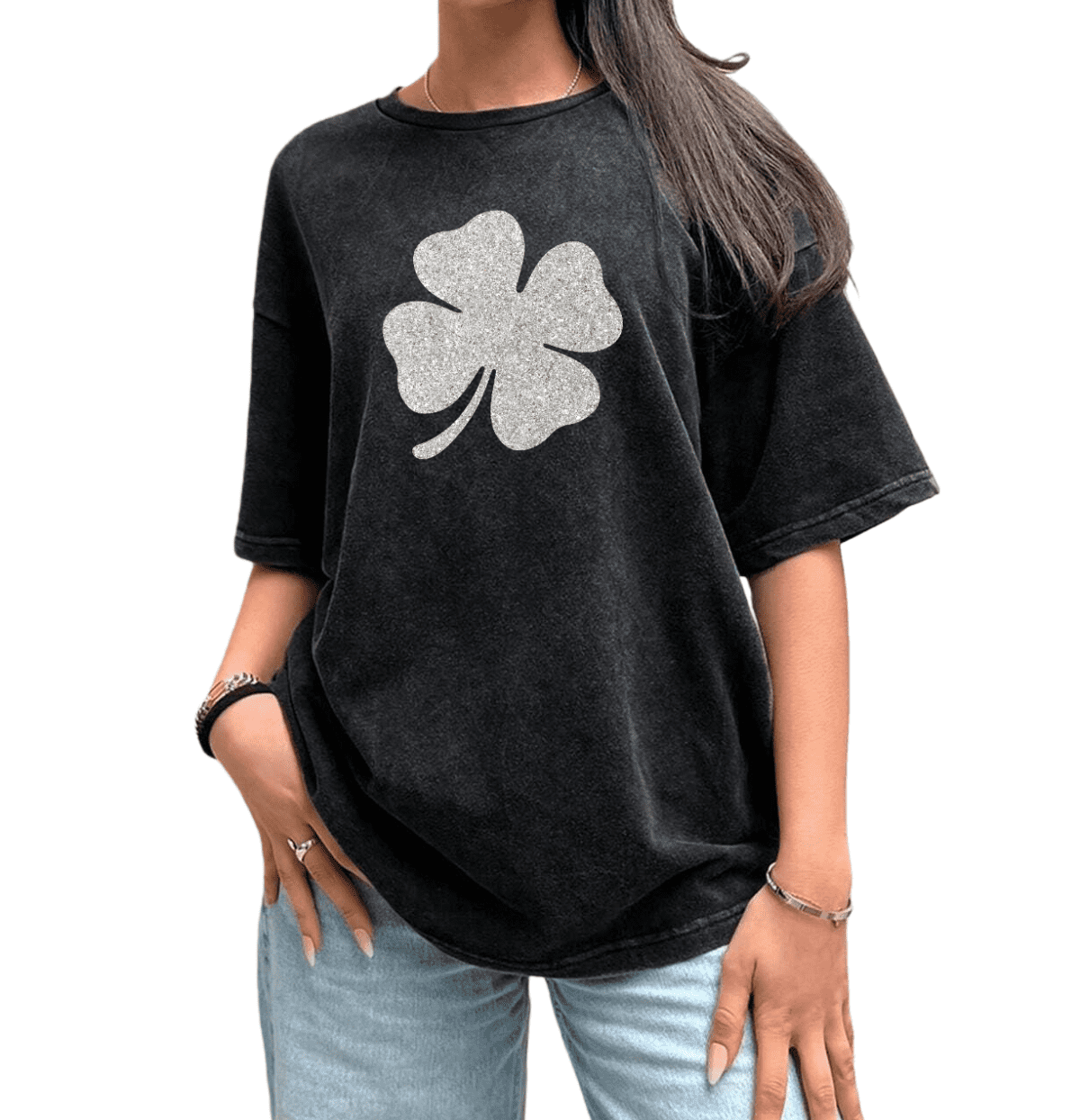 Black Silver Glitter Clover Print Tshirt Graphic Tees Shirts St ...