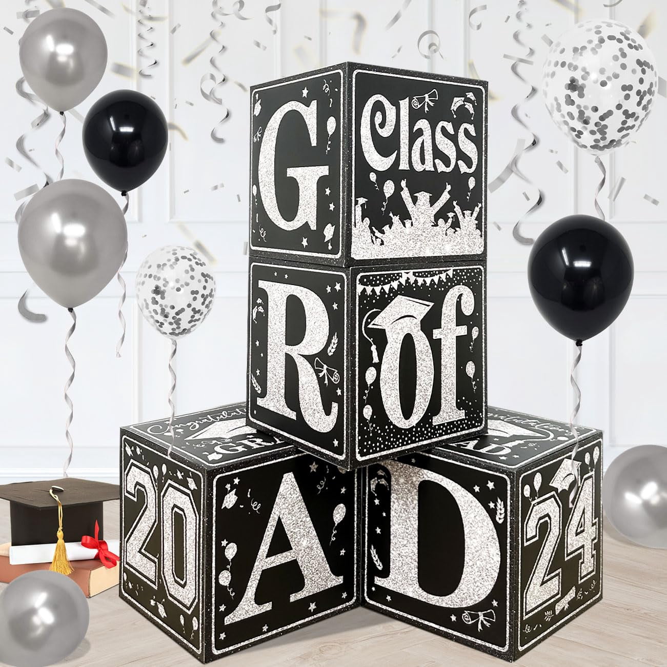 Black and Silver Graduation Decorations Class of 2024 Graduation Boxes ...