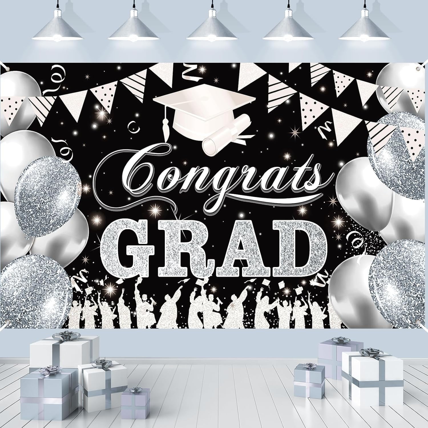 Black Silver Graduation Party Decorations Banner, Large Silver Congrats ...