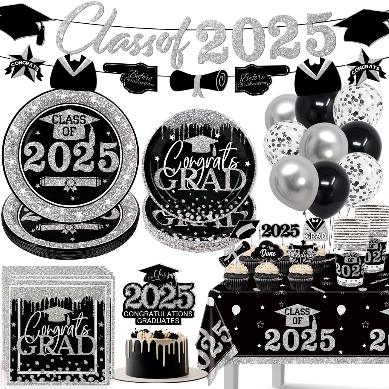 Black and Silver Graduation YPF5 Decorations 105 Pcs Graduation Party ...