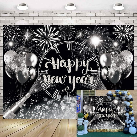 Black Silver Happy New Year Backdrop 2026 New Party Banner Backdrop New ...