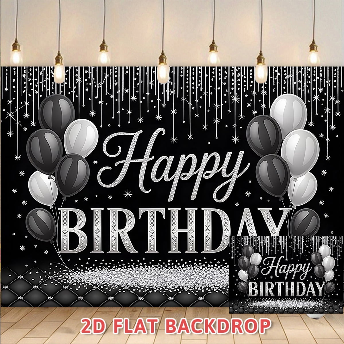 Black Silver Luxury Happy Birthday Backdrop, Adult Party Decoration ...