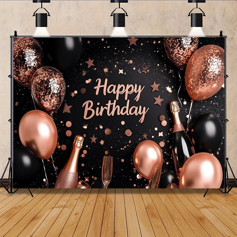 Black & Silver Rose Gold Happy Birthday Backdrop – Glitter Party ...