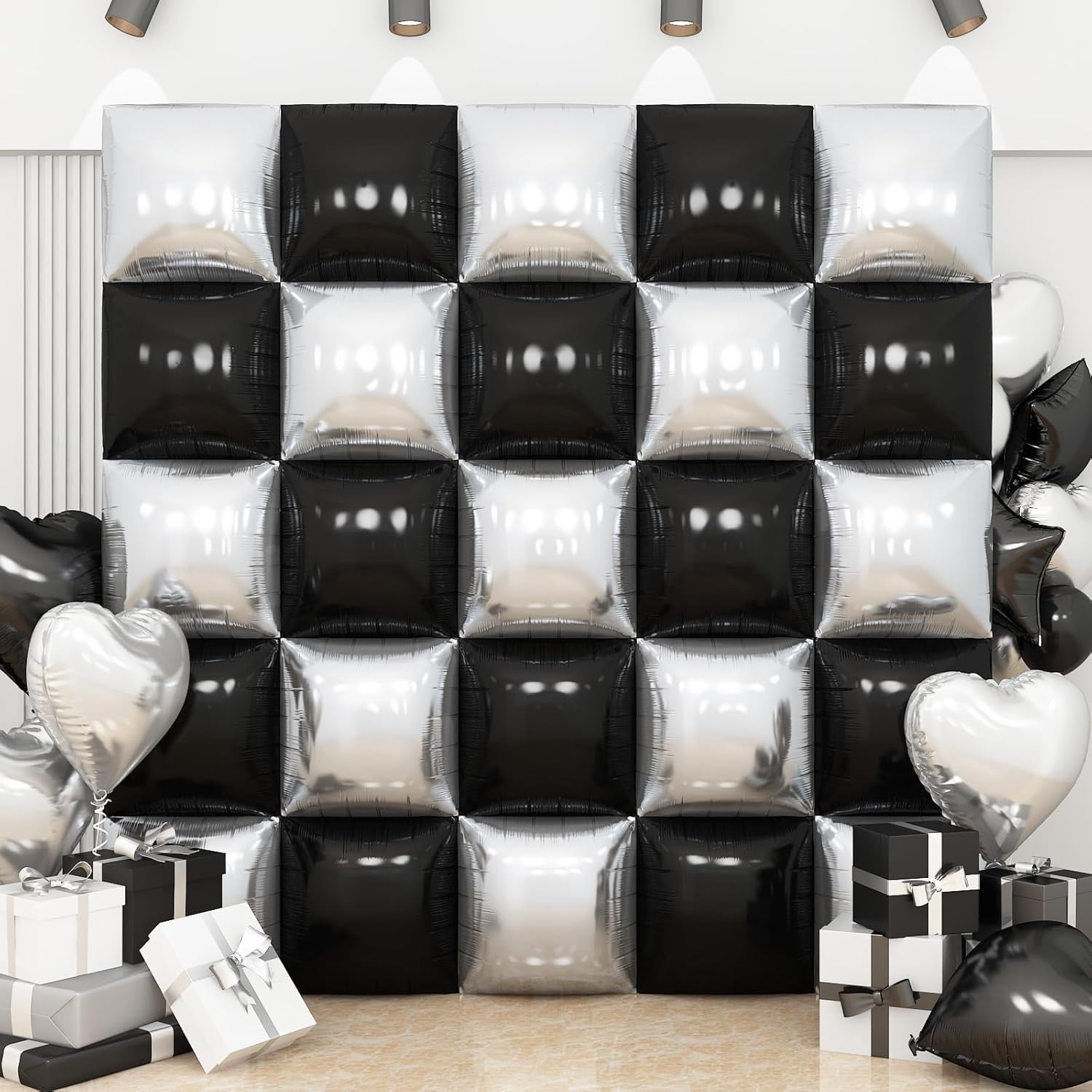 Black Silver Square Foil Balloon Wall,25Pcs Double Sided Foil Balloons ...