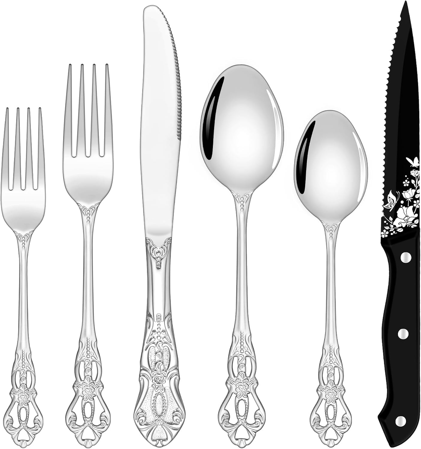 Black Silverware Set For 8, 48 PCS Retro Royal Silverware Flatware Set ...