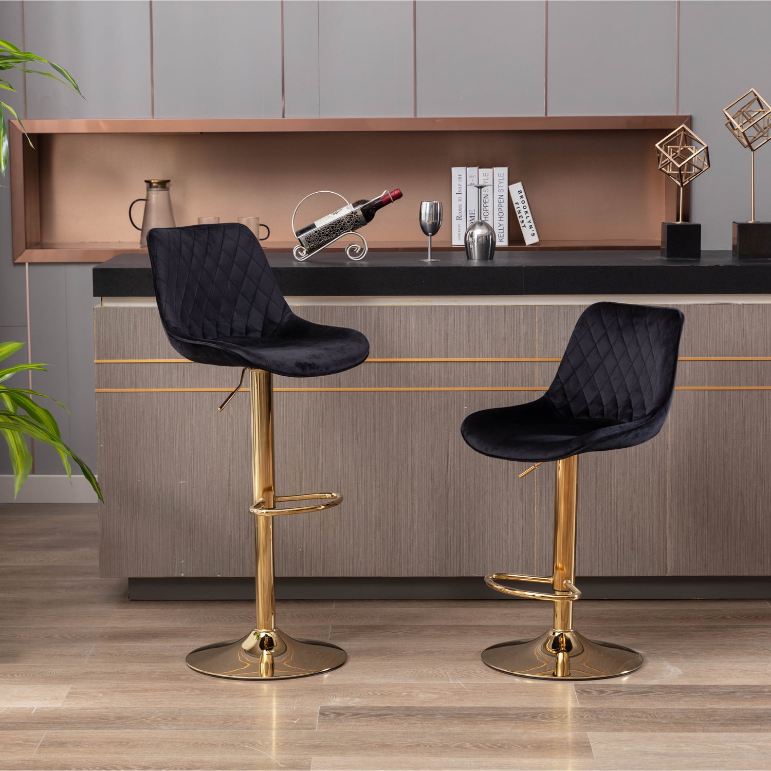 Black Simple Bar Stool with Golden Leg Set of 2 - Height Adjustable ...
