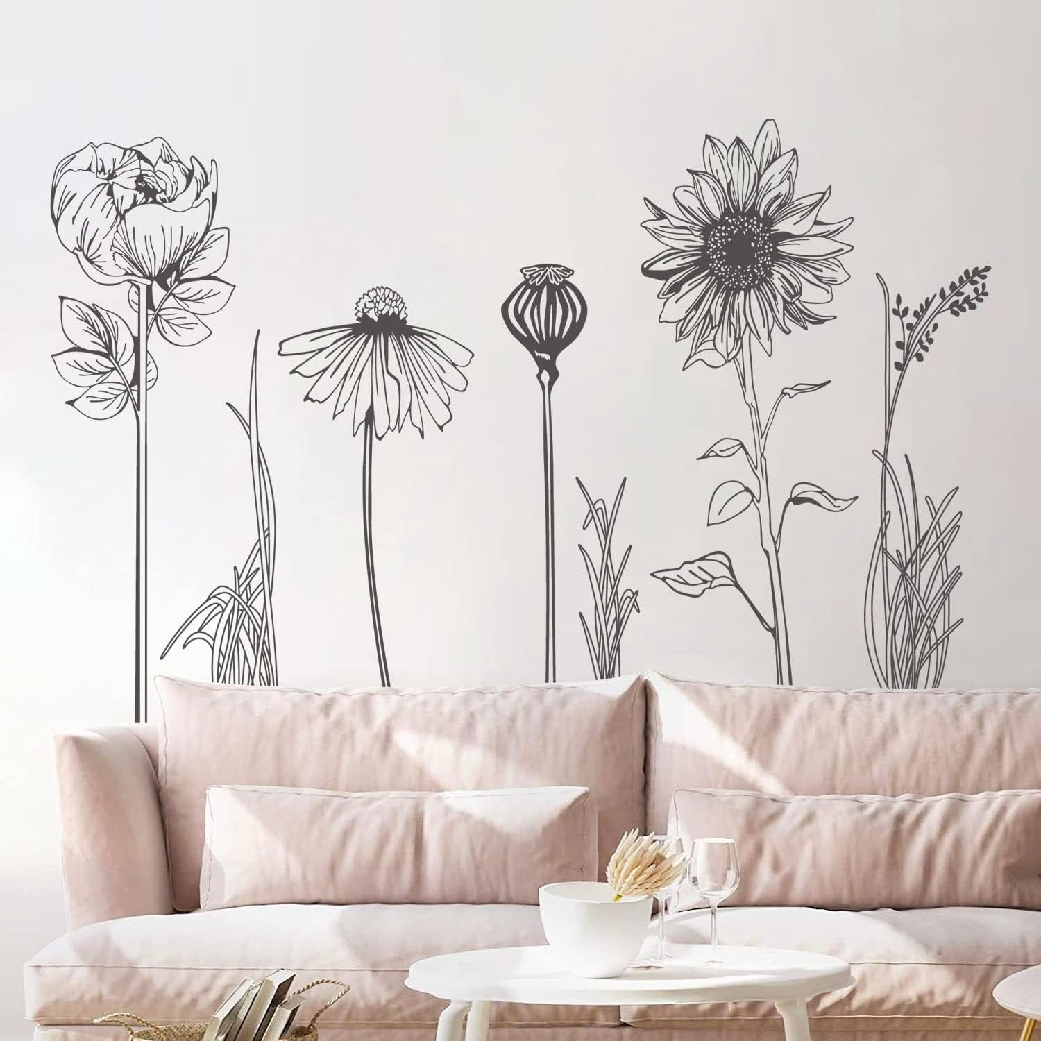 Black Simple Flower Wall , 2 Sheets Large Boho Floral Modern Wall ...