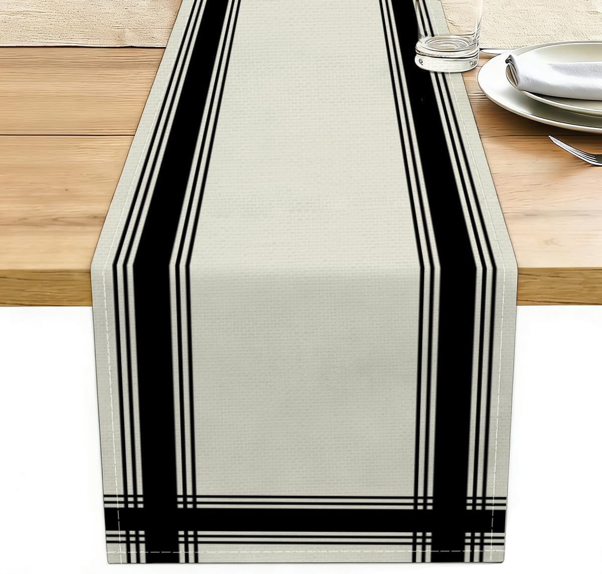 Black Simple French Stripe Table Runner, Seasonal Spring Summer Kitchen ...