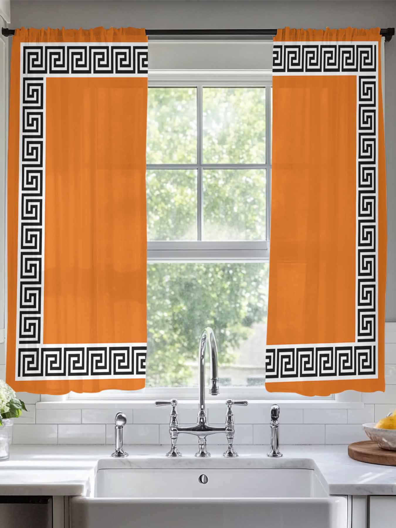 Black Simple Geometric Lines Border Chiffon Sheer Curtains 63 Inches ...