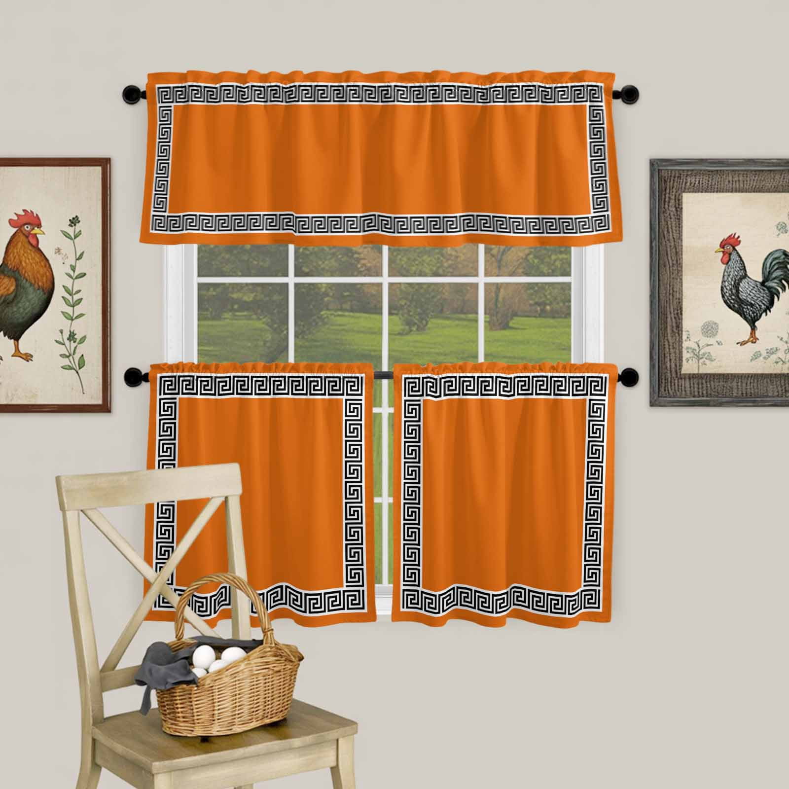 Black Simple Geometric Lines Border Curtain Tier and Valance Set 3 ...