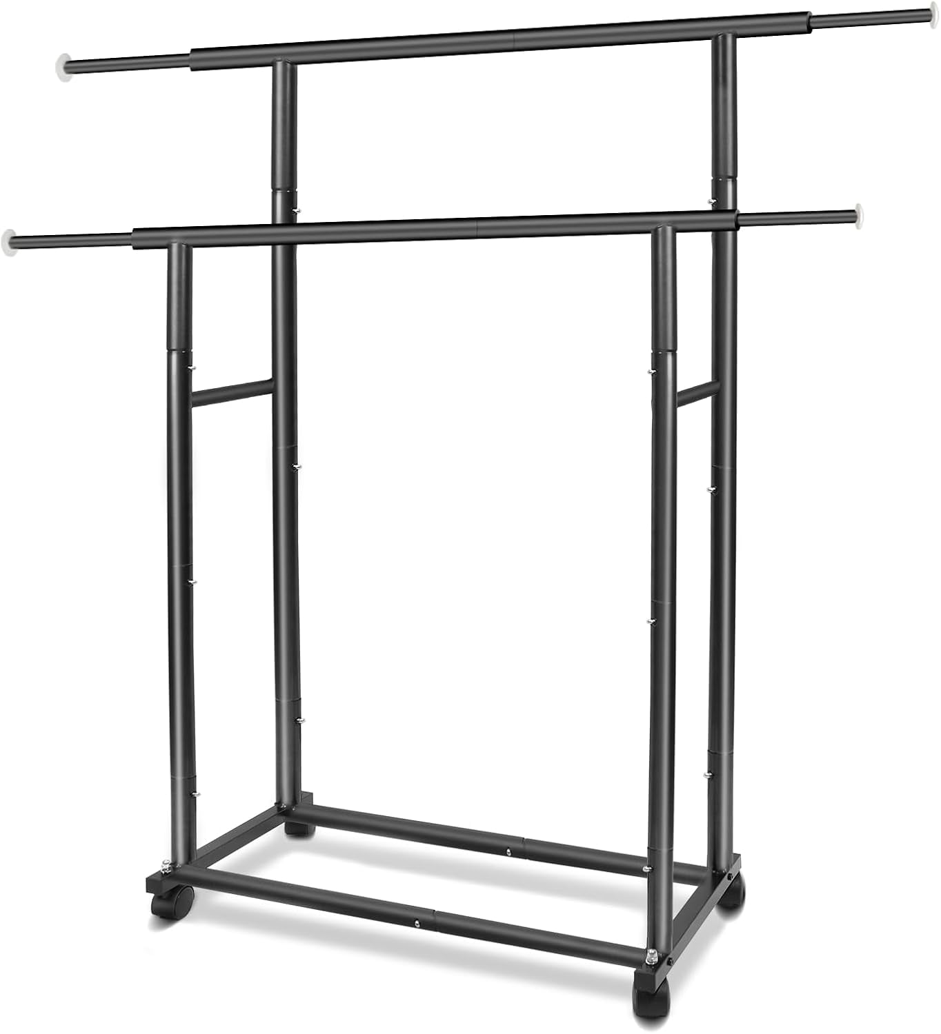 Black Simple Standard 2 Double Rod Clothing Metal Garment Rack Hanging ...