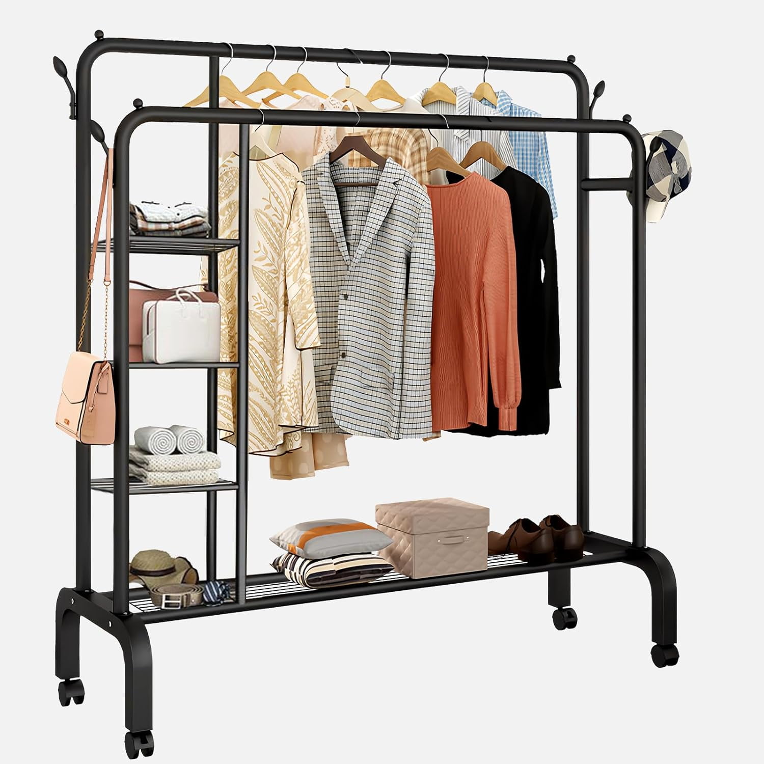 Black Single-Layer Double-Track Garment Rack, Heavy-Duty Indoor ...