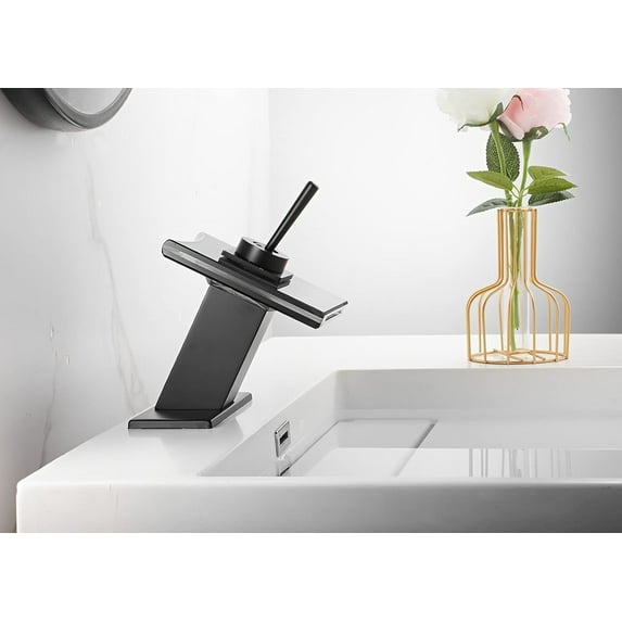 Black Sink Faucet Bathroom LED Light 3 Colors Changing Waterfall Glass ...