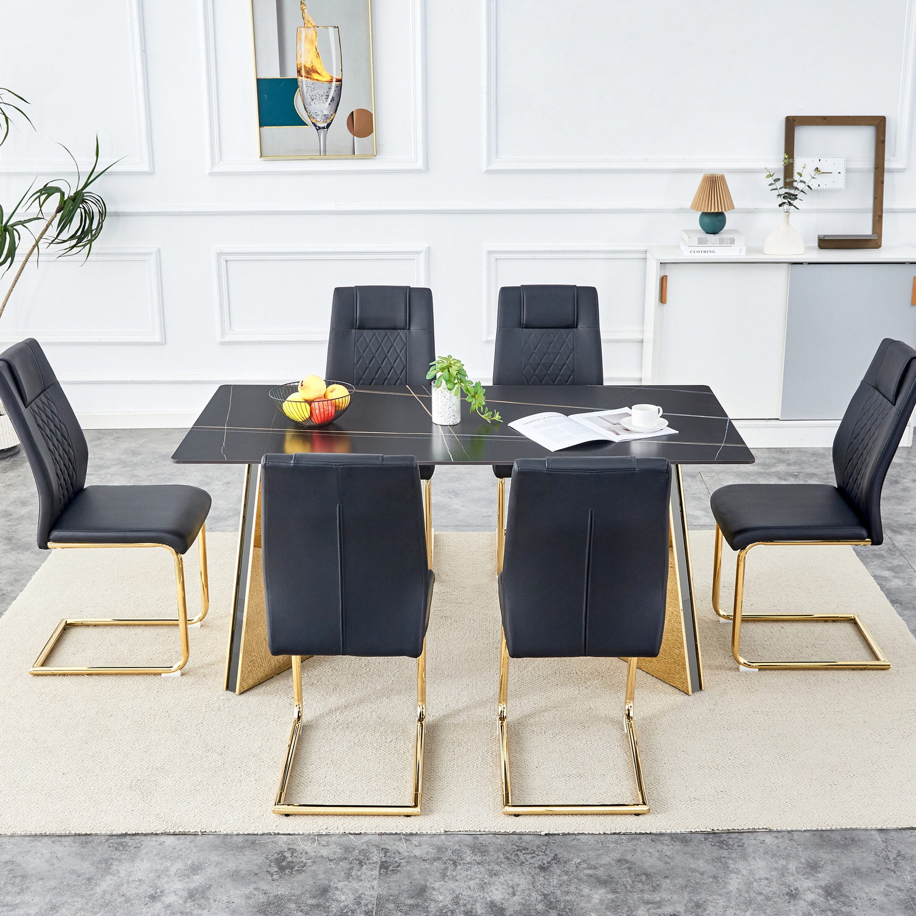 Black Sintered Stone Dining Table with Golden Legs | Paired with 6 PU ...