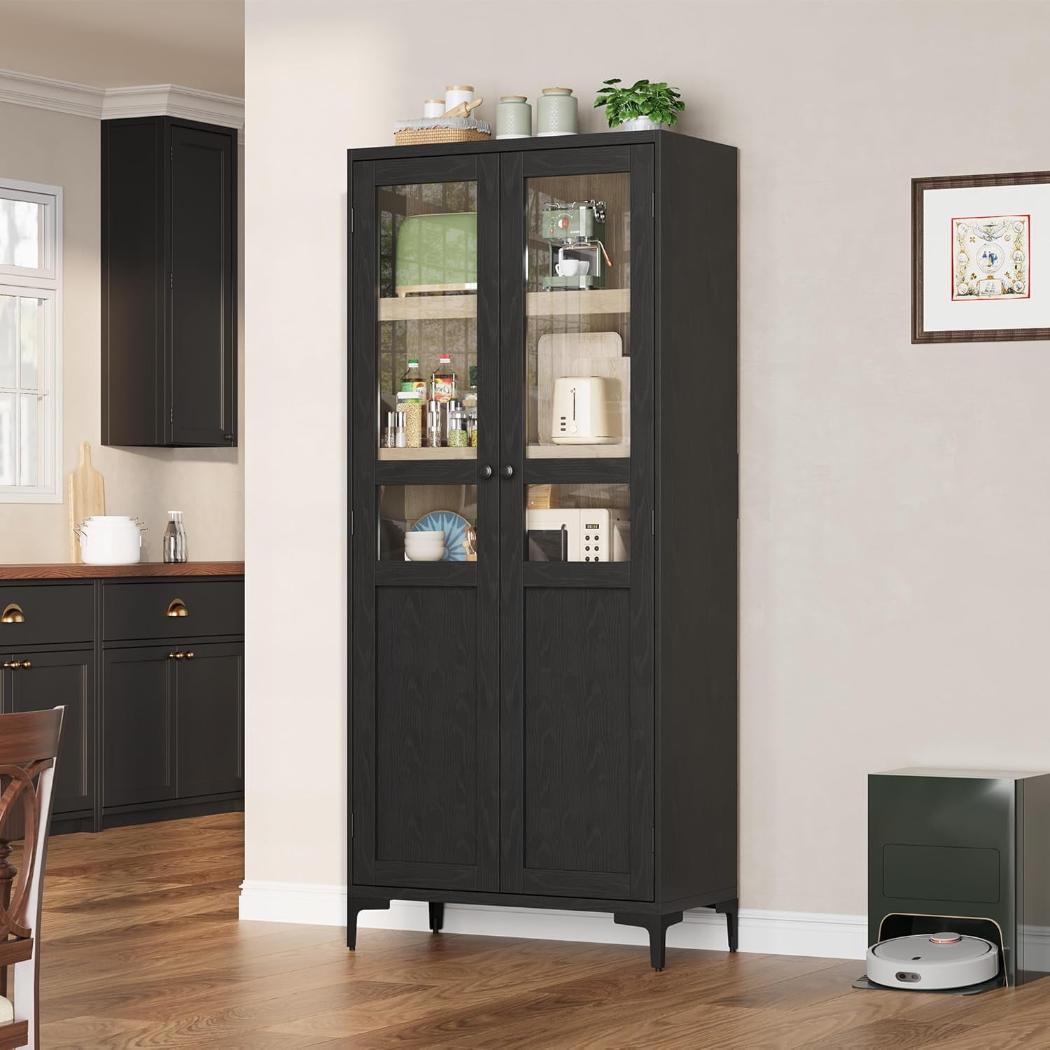 Black Sixty Three Inch Tall Farmhouse Kitchen Pantry Cabinet with Glass ...
