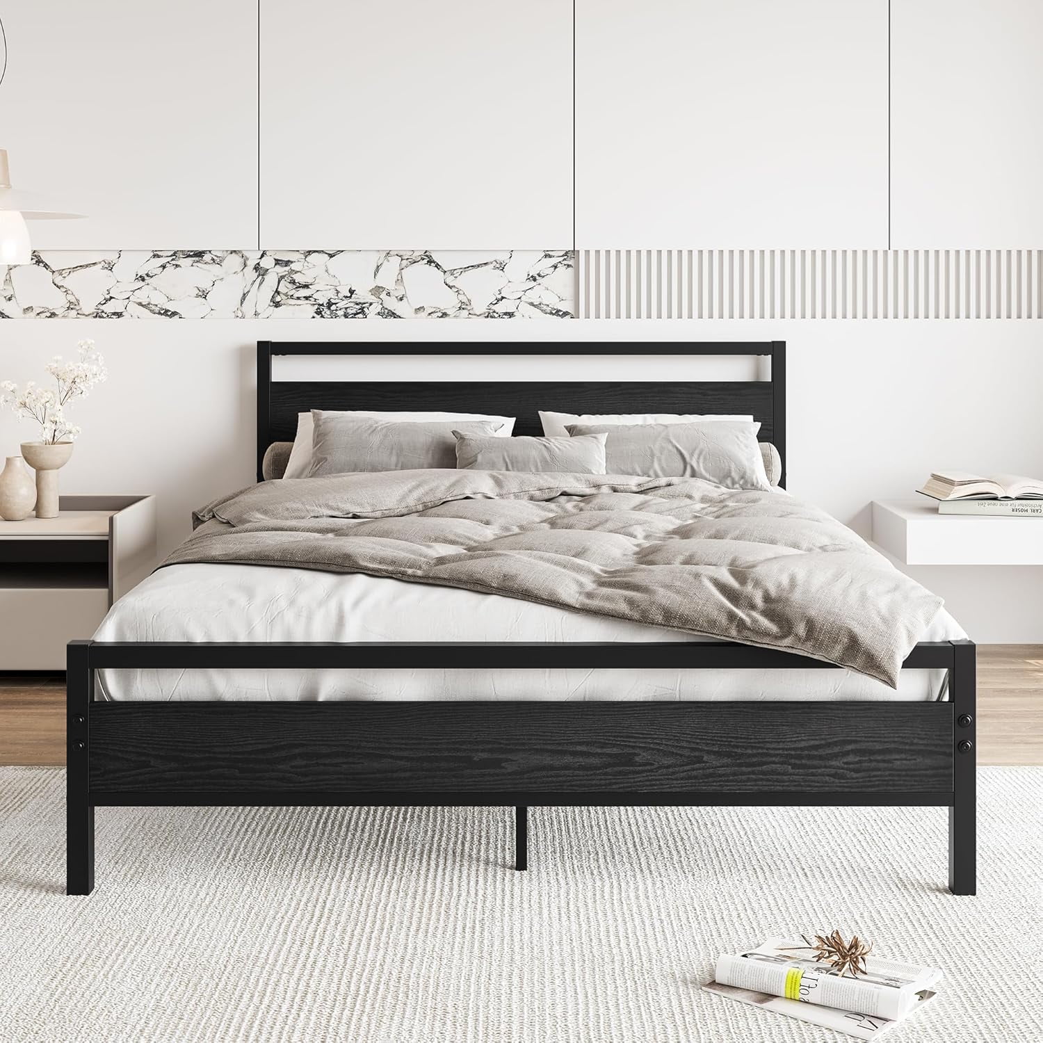Black Size Bed Frames with Headboard, Platform Bed Frame with Storage ...