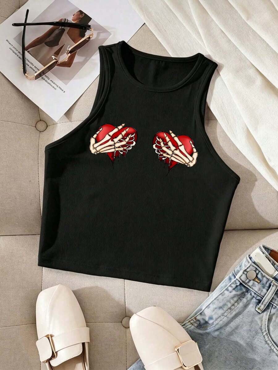 Black Skeleton Hand Heart Graphic Crop Tank Top, Womens Sleeveless ...