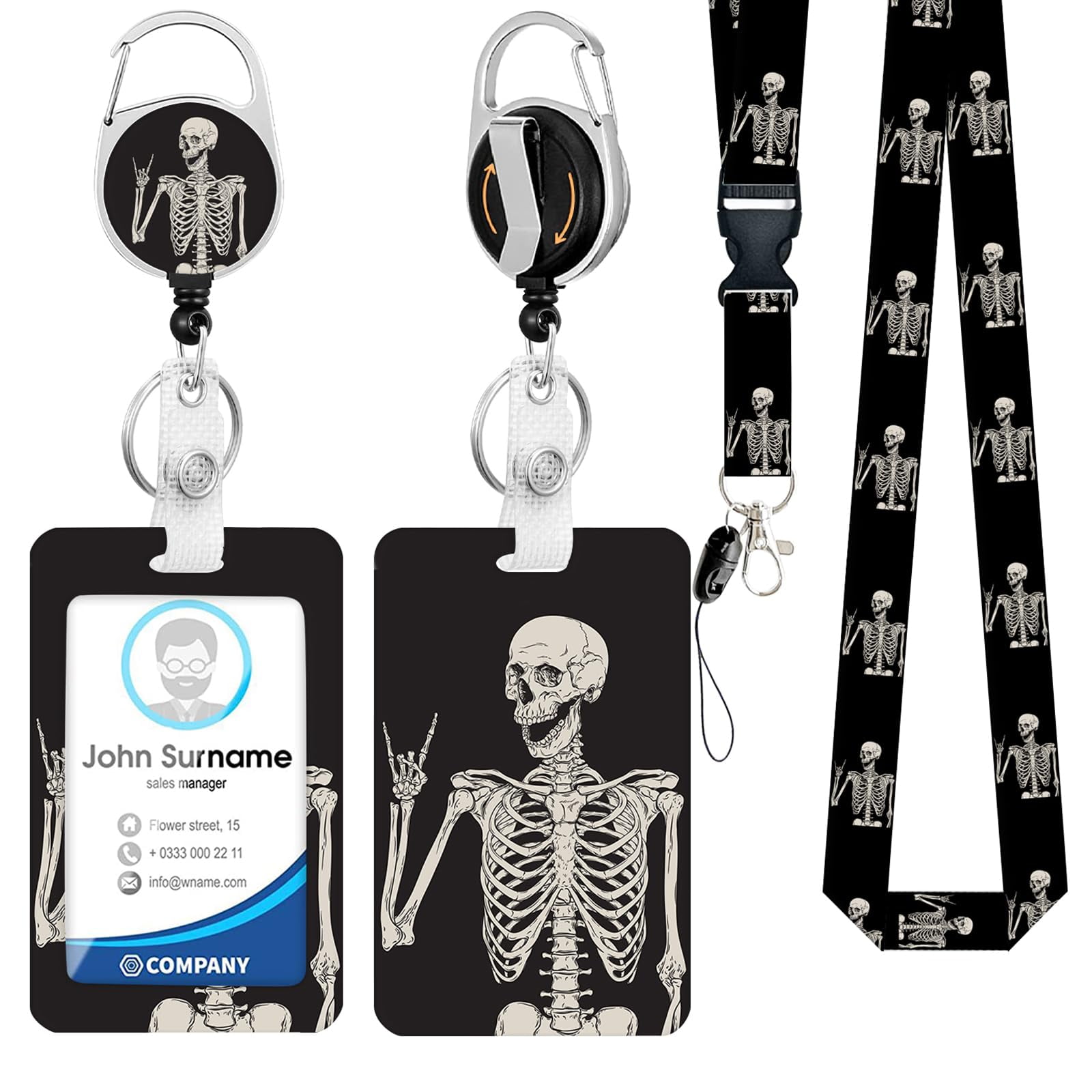Black Skeleton Lanyard with Id Holder,Retractable Lanyards for Id ...