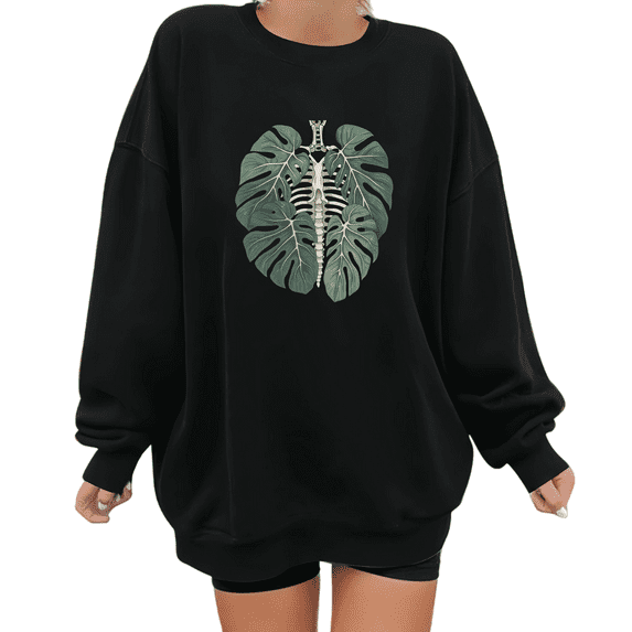 Black Skeleton Monstera Leaf Crewneck Graphic Crewnecks Dark Botanical ...