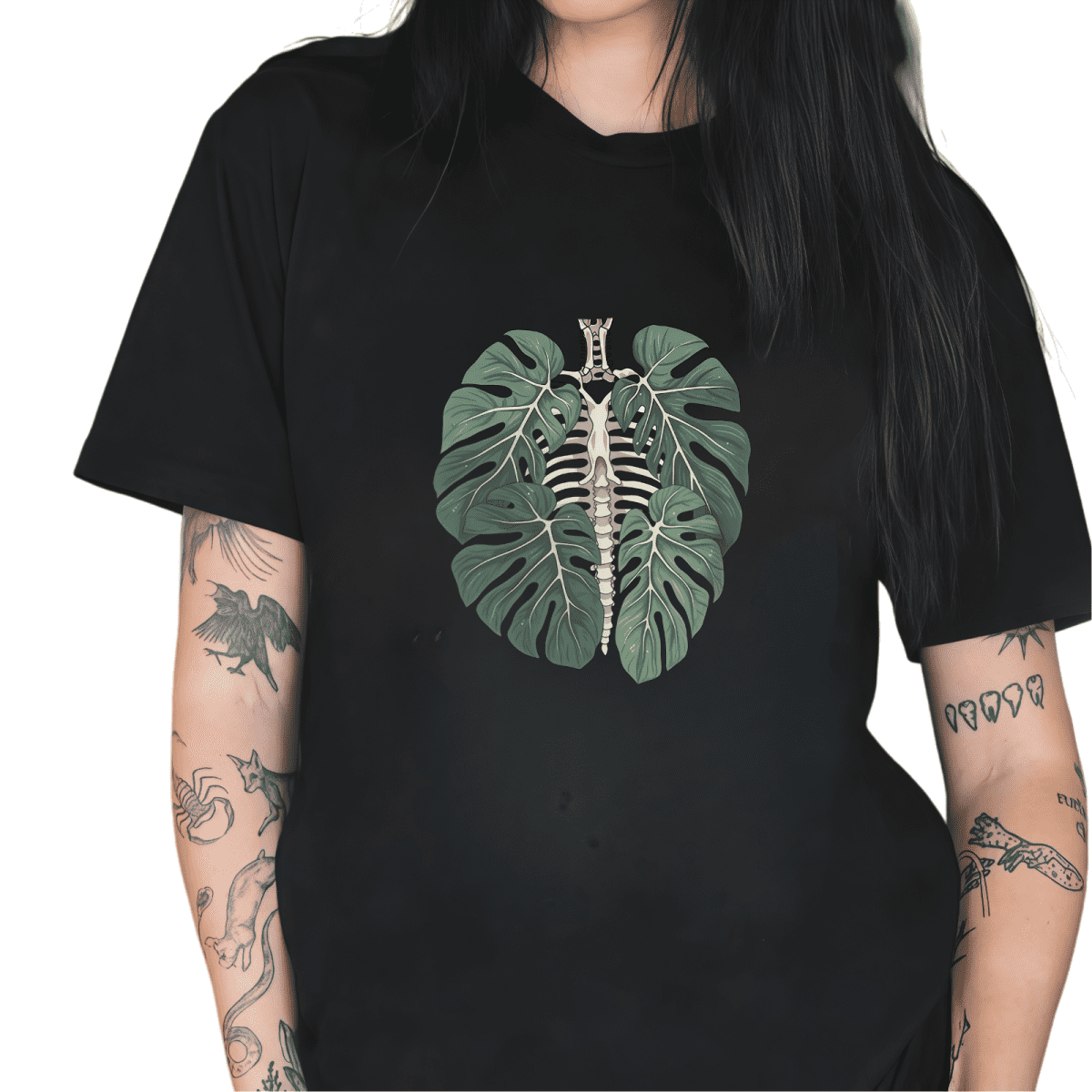Black Skeleton Monstera Leaves Graphic T-Shirt Casual Loose Comfortable ...