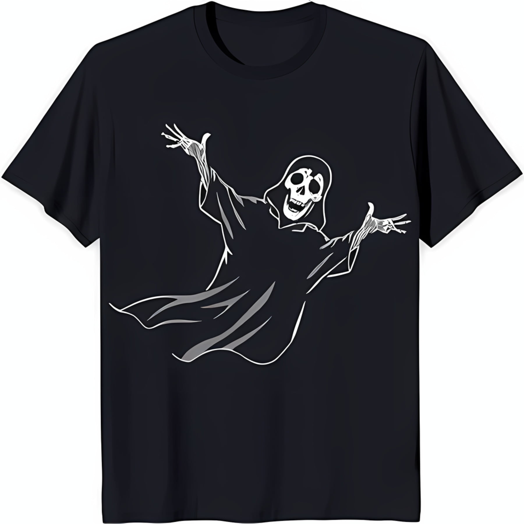 Black Skeleton Robe T-Shirt with Outstretched & Grinning Design for ...