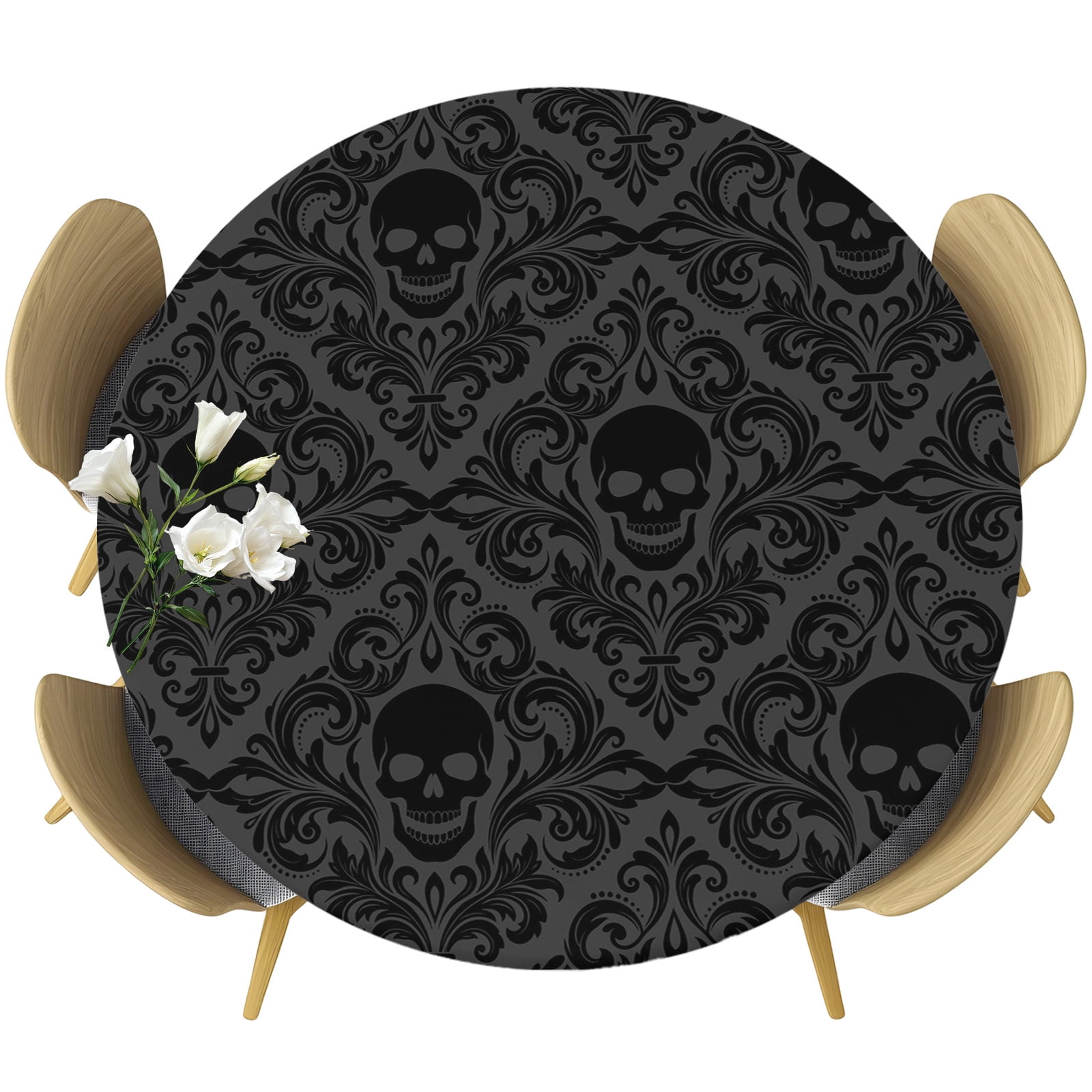 Black Skeleton Round Tablecloth 55-60 Inch Round Fitted Table Cloth ...