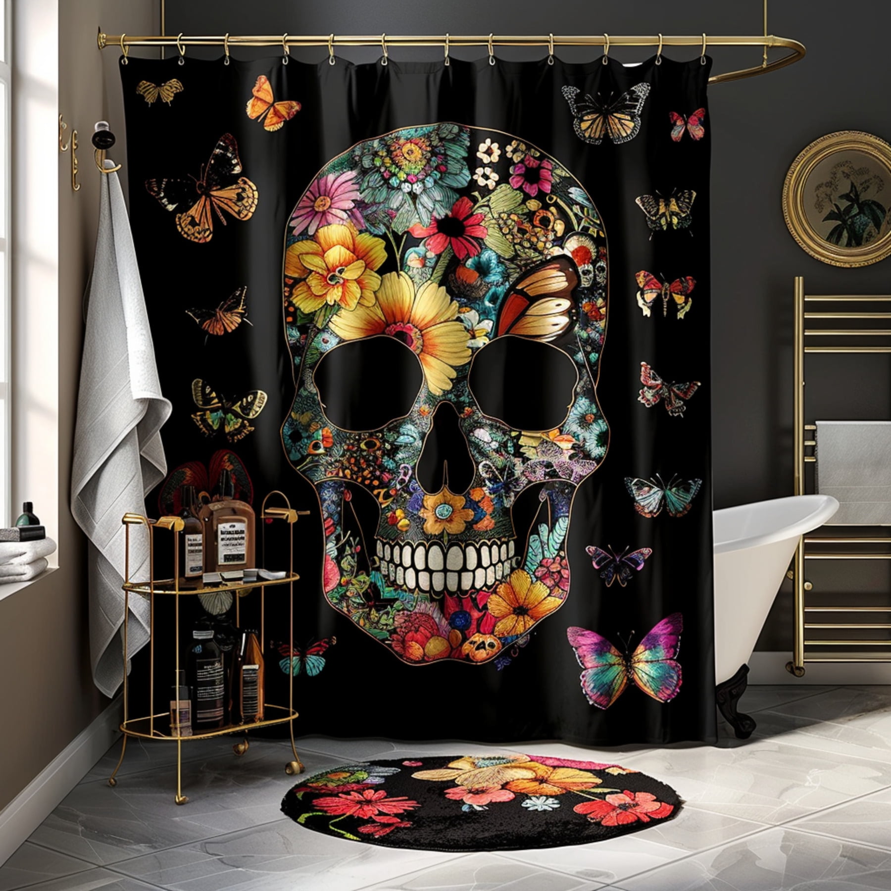 Black Skull Bathroom Set with Colorful Butterflies and Flowers Design ...