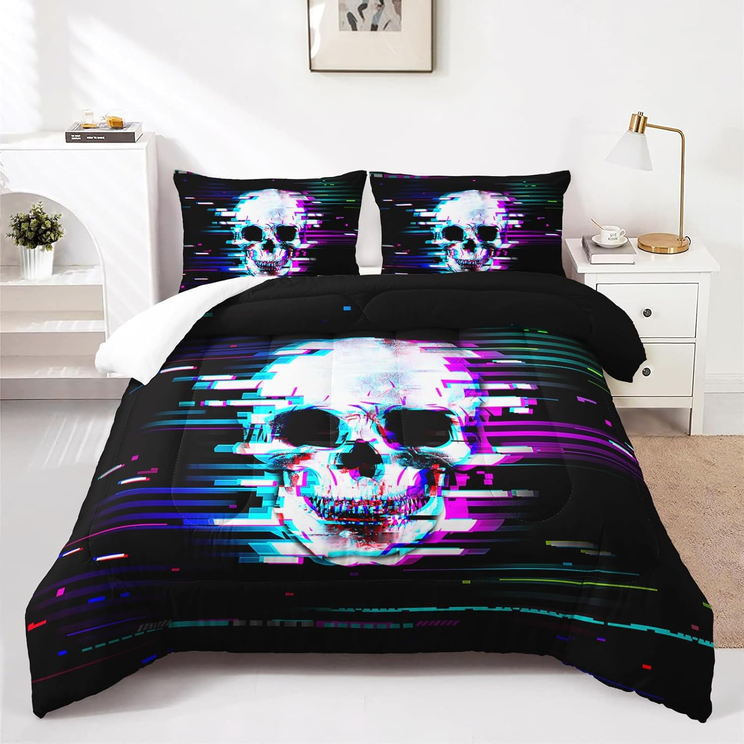 Black Skull Comforter Set Twin Size, 100% Soft Ultra-fine Fiber Four ...