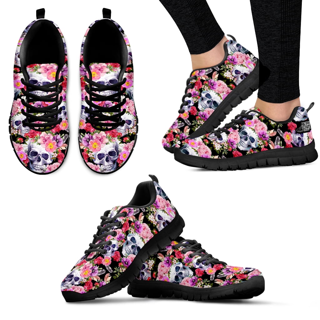 Black Skull Design Rose Print Lightweight Breathable Summer Knit Shoes ...