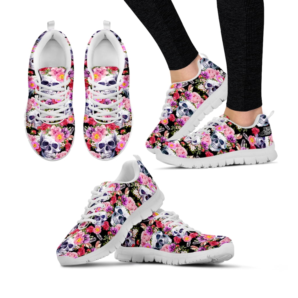 Black Skull Design Rose Print Lightweight Breathable Summer Knit Shoes ...