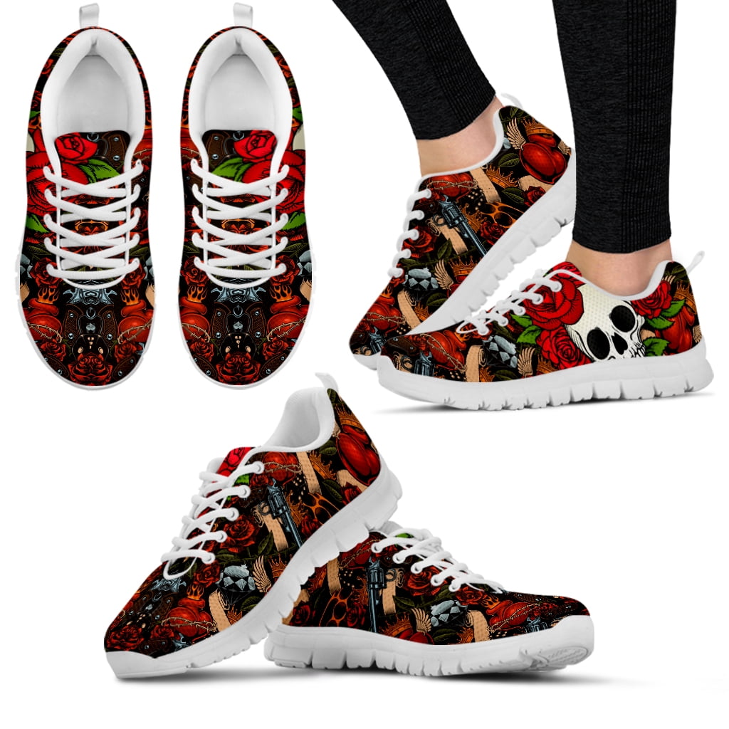 Black Skull Design Rose Print Lightweight Breathable Summer Knit Shoes ...