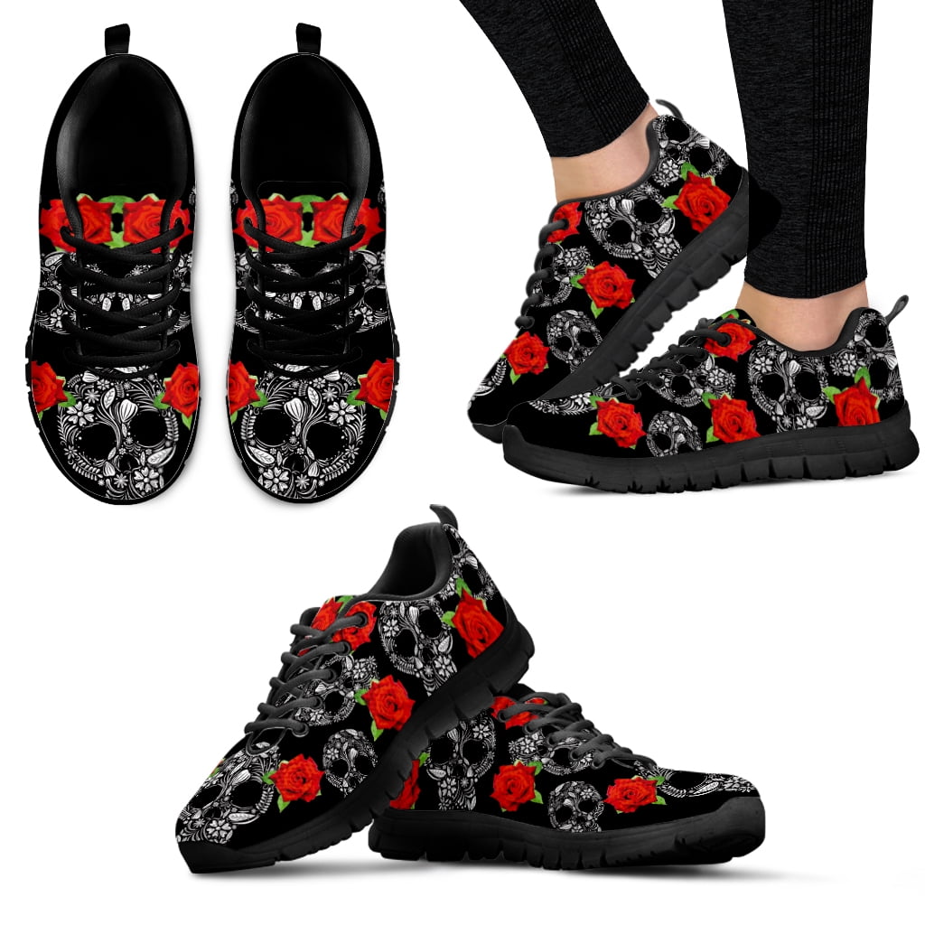 Black Skull Design Rose Print Lightweight Breathable Summer Knit Shoes ...