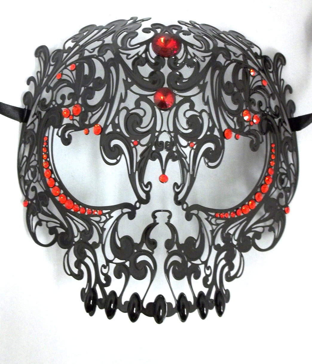 Black Skull Metal Laser Cut Masquerade Prom Mask Red Crystals - Walmart.com
