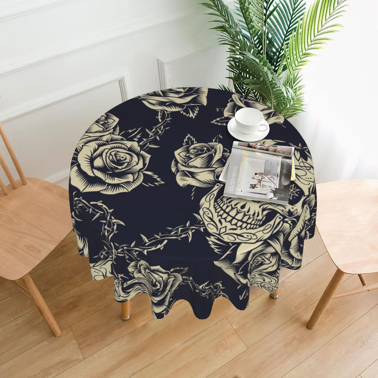 Black Skull Roses Cool Tablecloths Round 60 inch Fabric Table Cloth ...