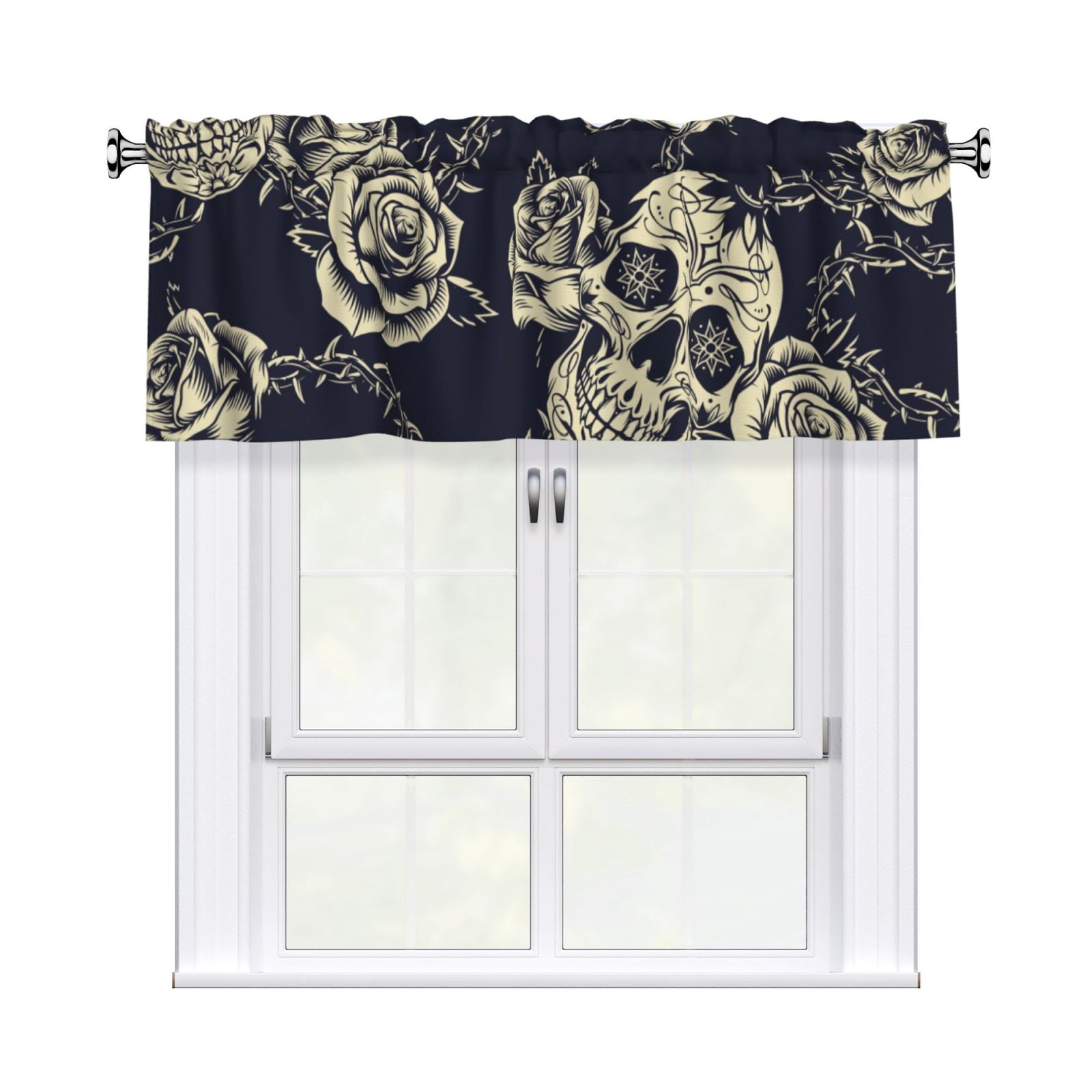 Black Skull Roses Cool Window Valances Rod Pocket Decorative Curtain ...