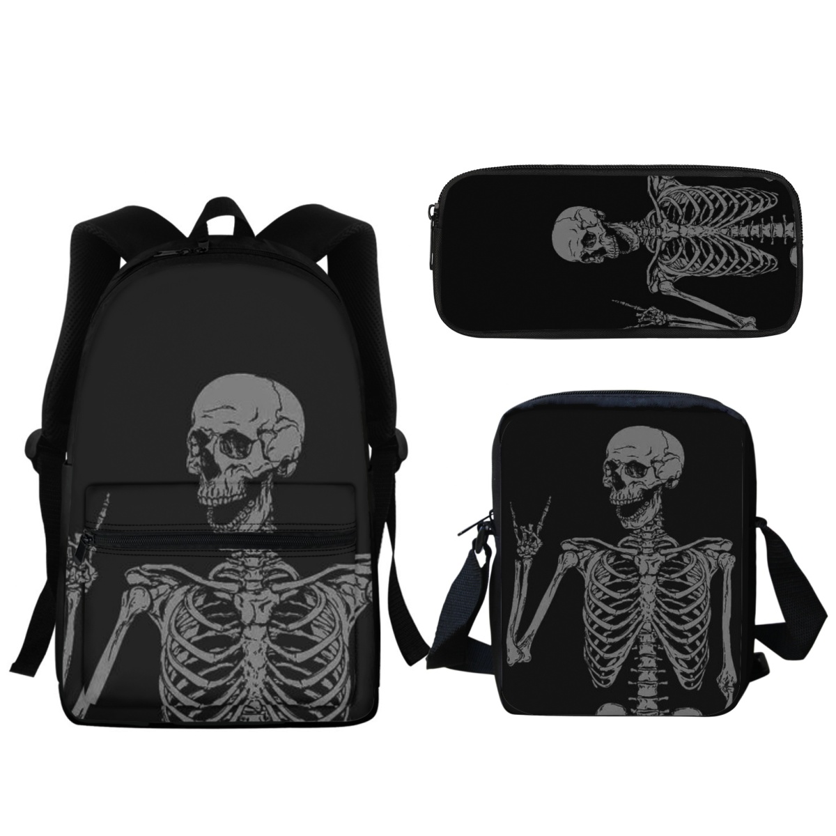 Black Skull Skeleton Printed 's Bag Gothic Style Zipper s Backpack 3PC ...
