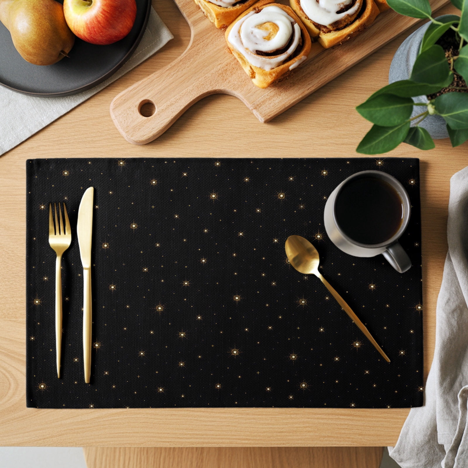 Black Sky Placemats Set of 2, Modern Minimalist Watercolor Gold Star ...