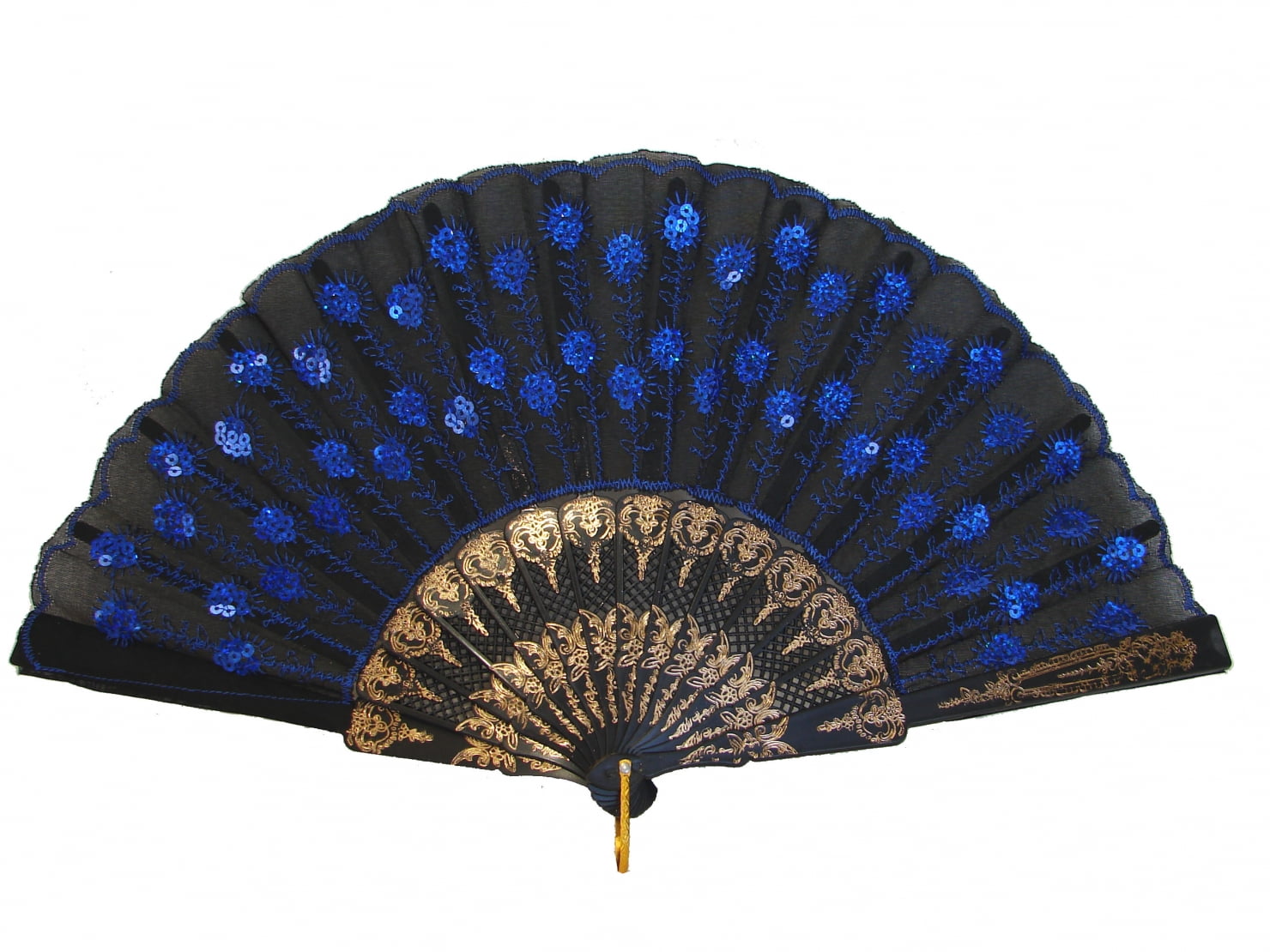 Black Slab Fabric Hand Fan with Peacock Pattern Sequin Style-blue ...